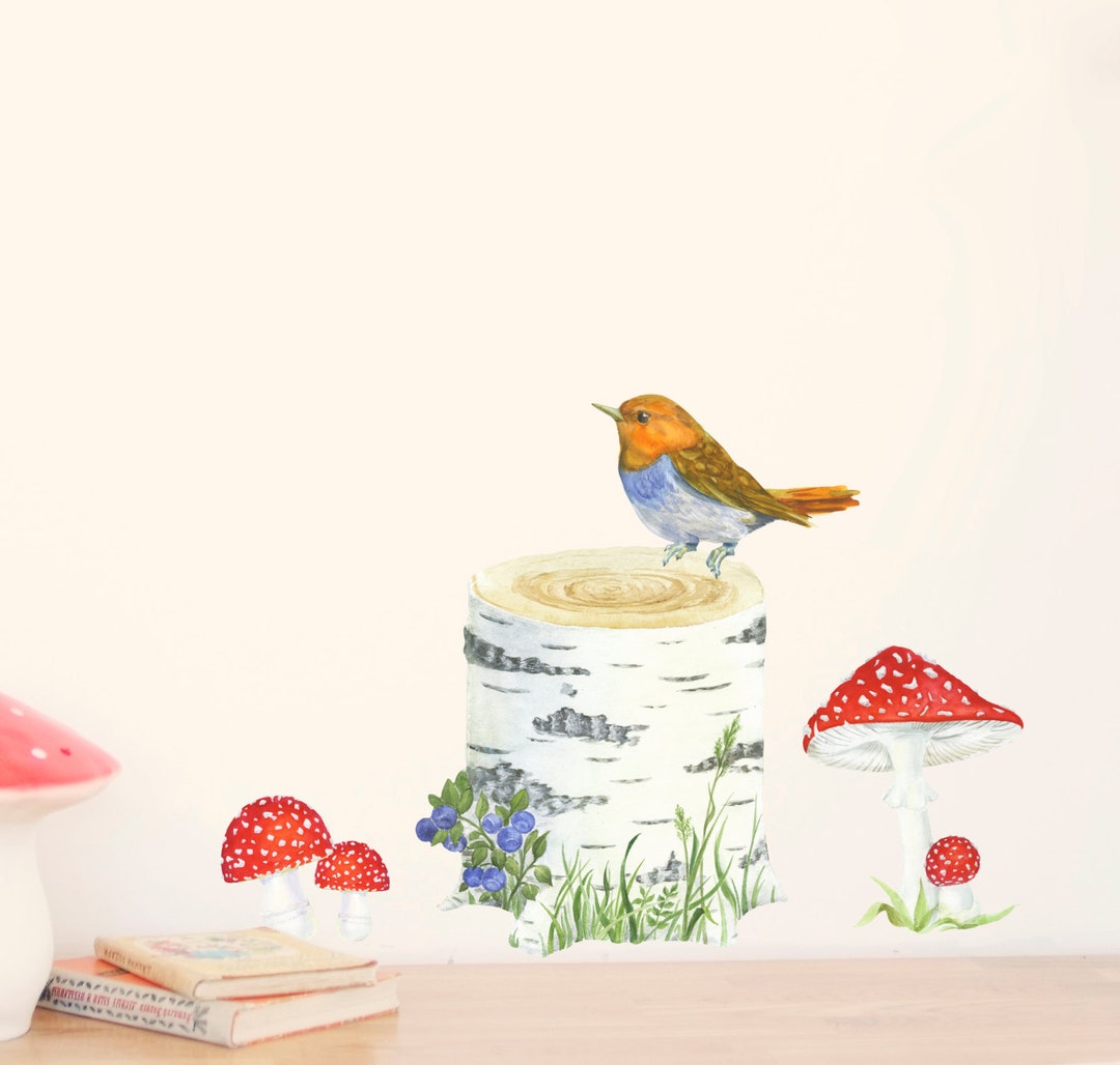 Birch 'trunk, Bird & Toadstools' Wall Decals Wall Stickers not Vinyl ...
