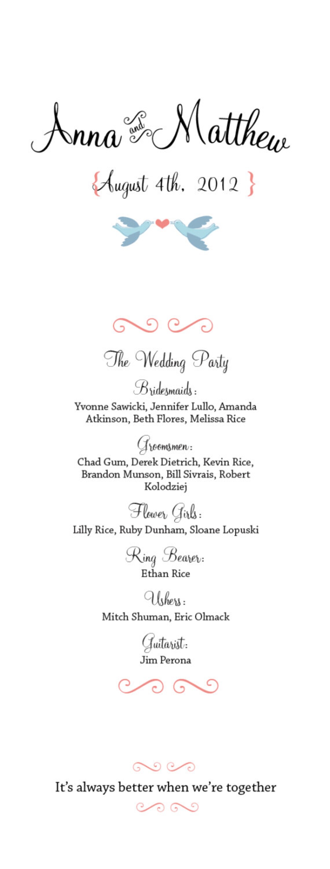 Custom Wedding Program. Program. Reception. Wedding Program. | Etsy