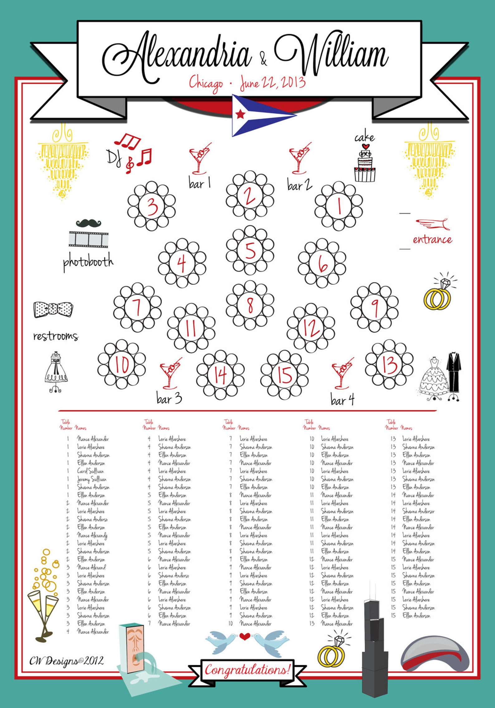 Chicago Seating Chart With Chicago Icons. Custom Wedding Seating Chart ...