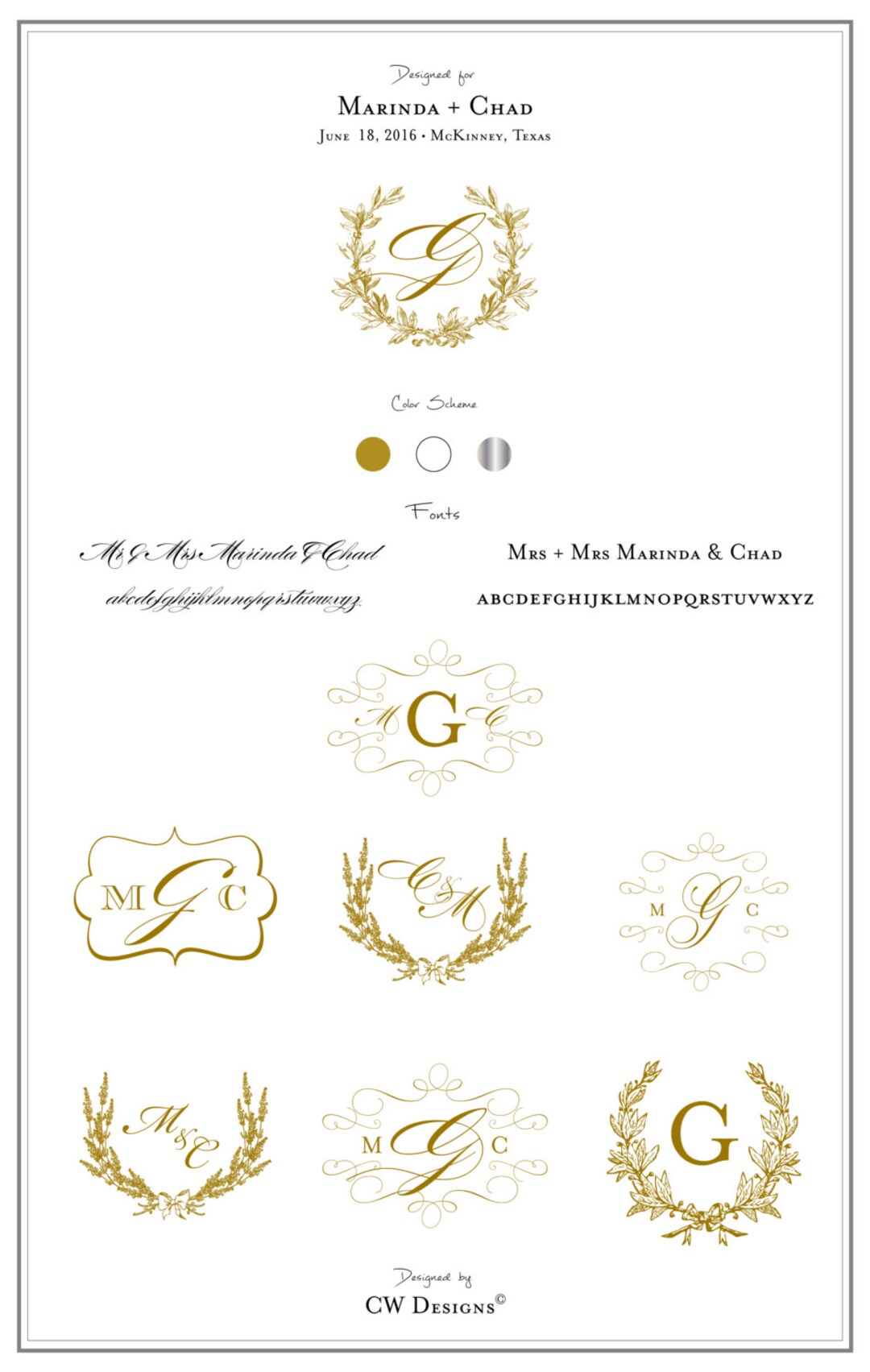 Custom Wedding Monogram and Branding Board, Fonts and Color ...