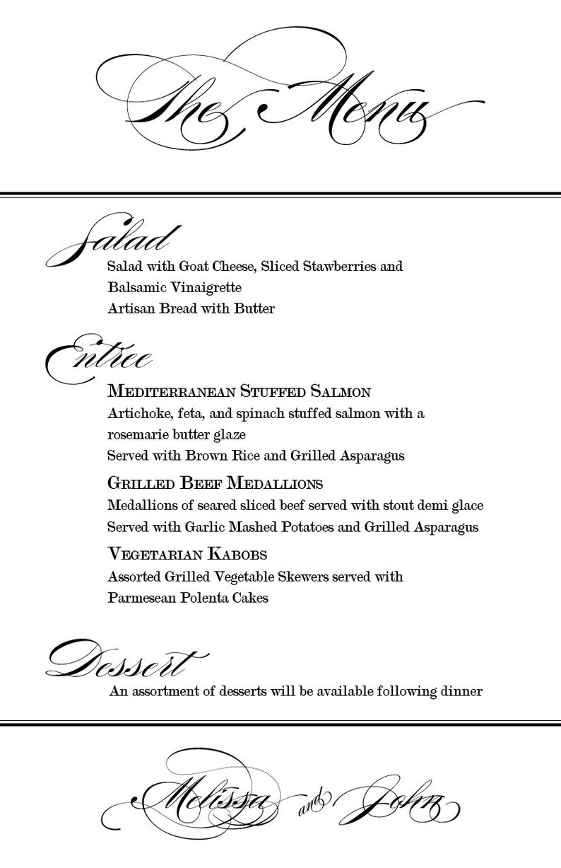 Digital File Custom Wedding Menu. Event Menu. Reception. Dinner Menu ...
