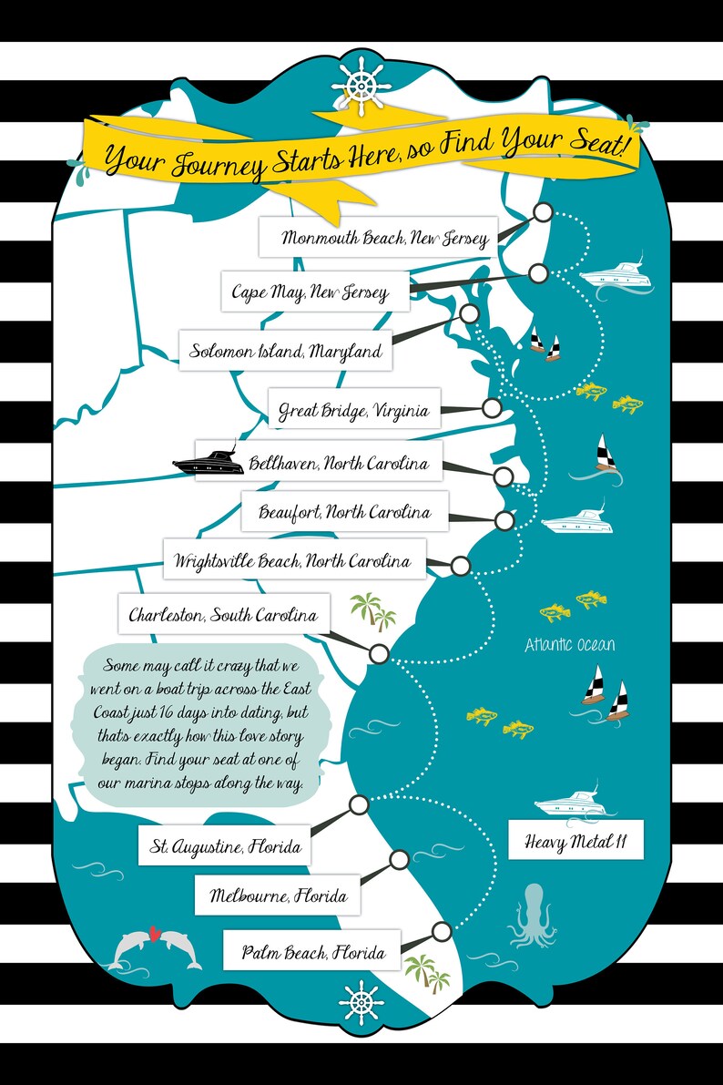 Map on 24"x36" Boat Voyage Canvas for Seating Chart Table • Custom ...