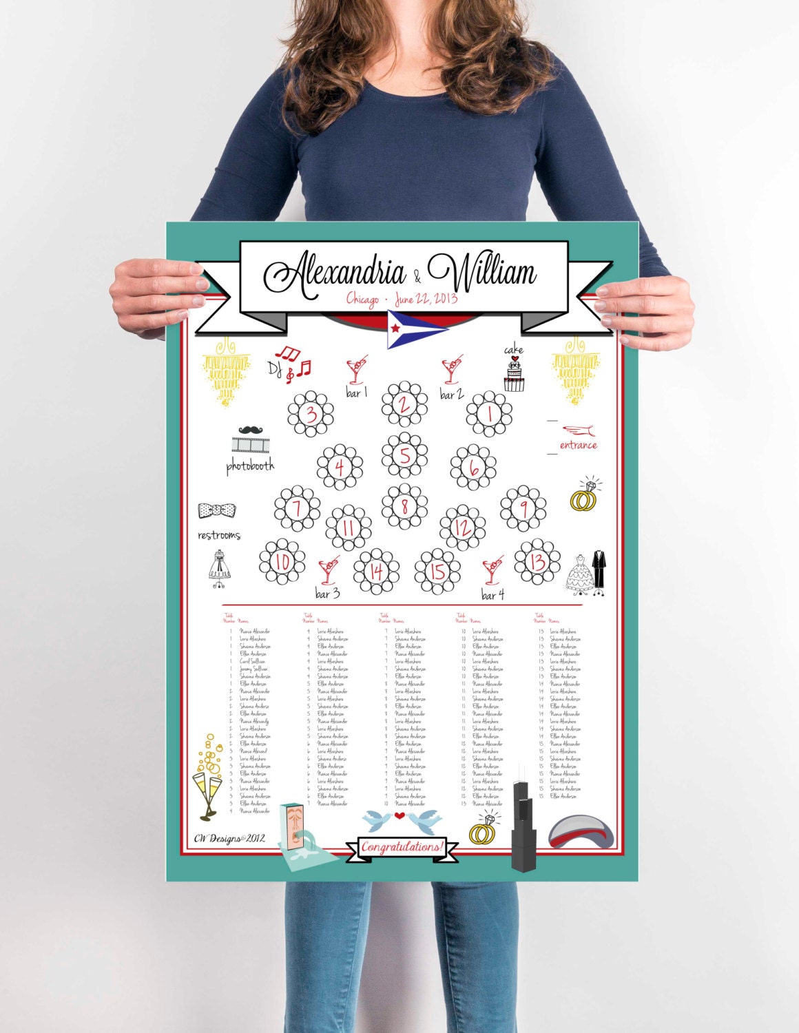 Chicago Seating Chart With Chicago Icons. Custom Wedding Seating Chart ...