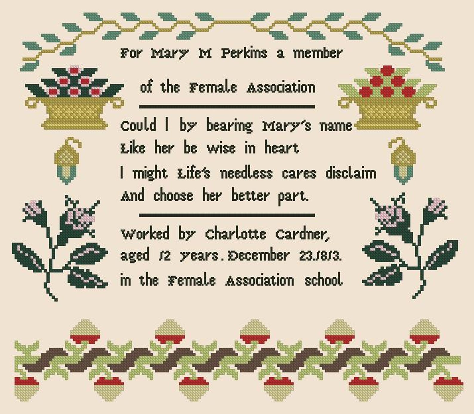 Antique Floral Sampler Pattern With Poem - Cross-stitch Rose Design ...