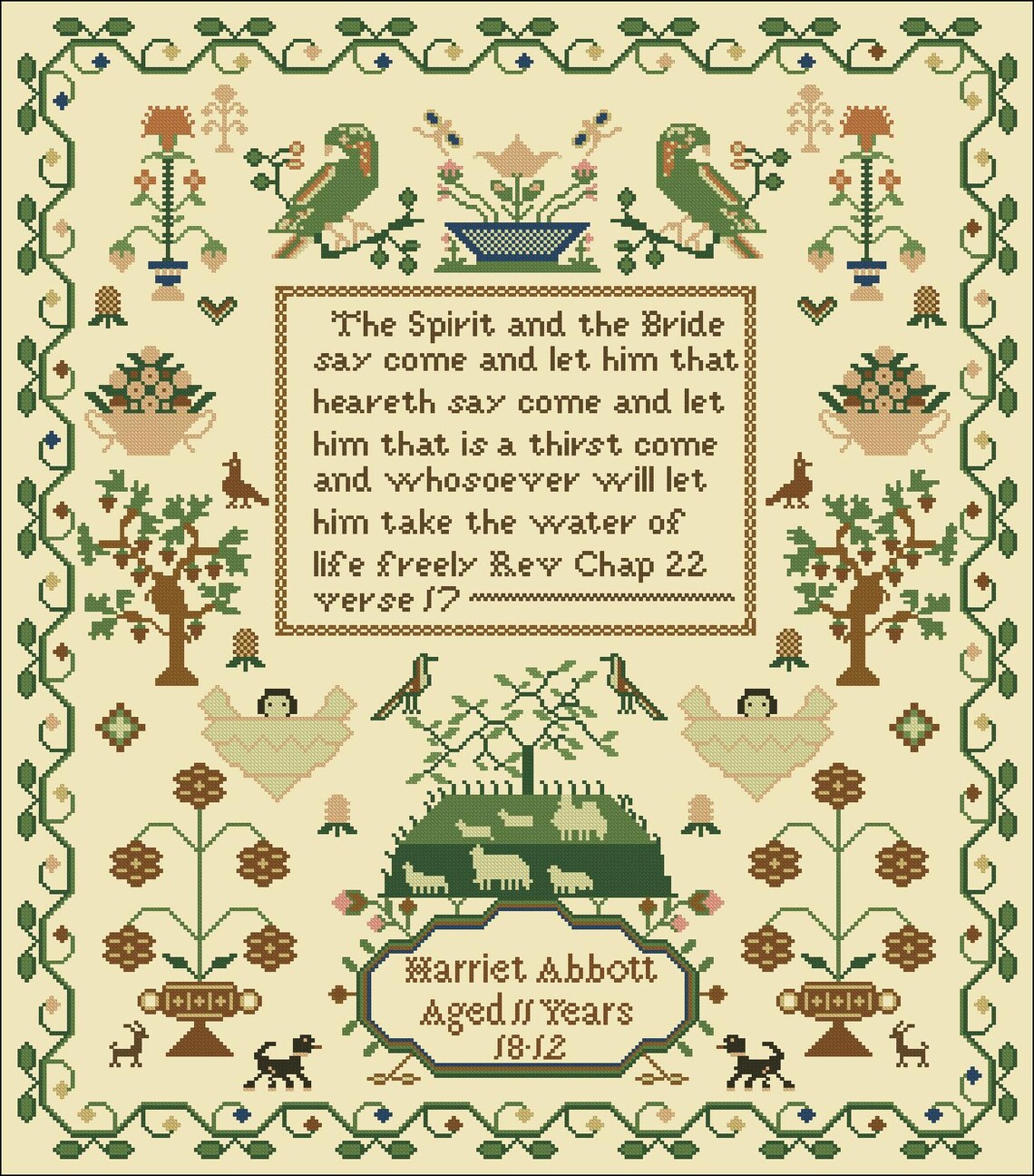 Vintage Sampler From 1812 PDF Pattern With Floral, Birds and Parrots ...