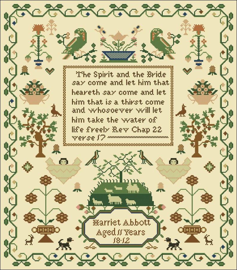 Vintage Sampler From 1812 PDF Pattern With Floral, Birds and Parrots ...