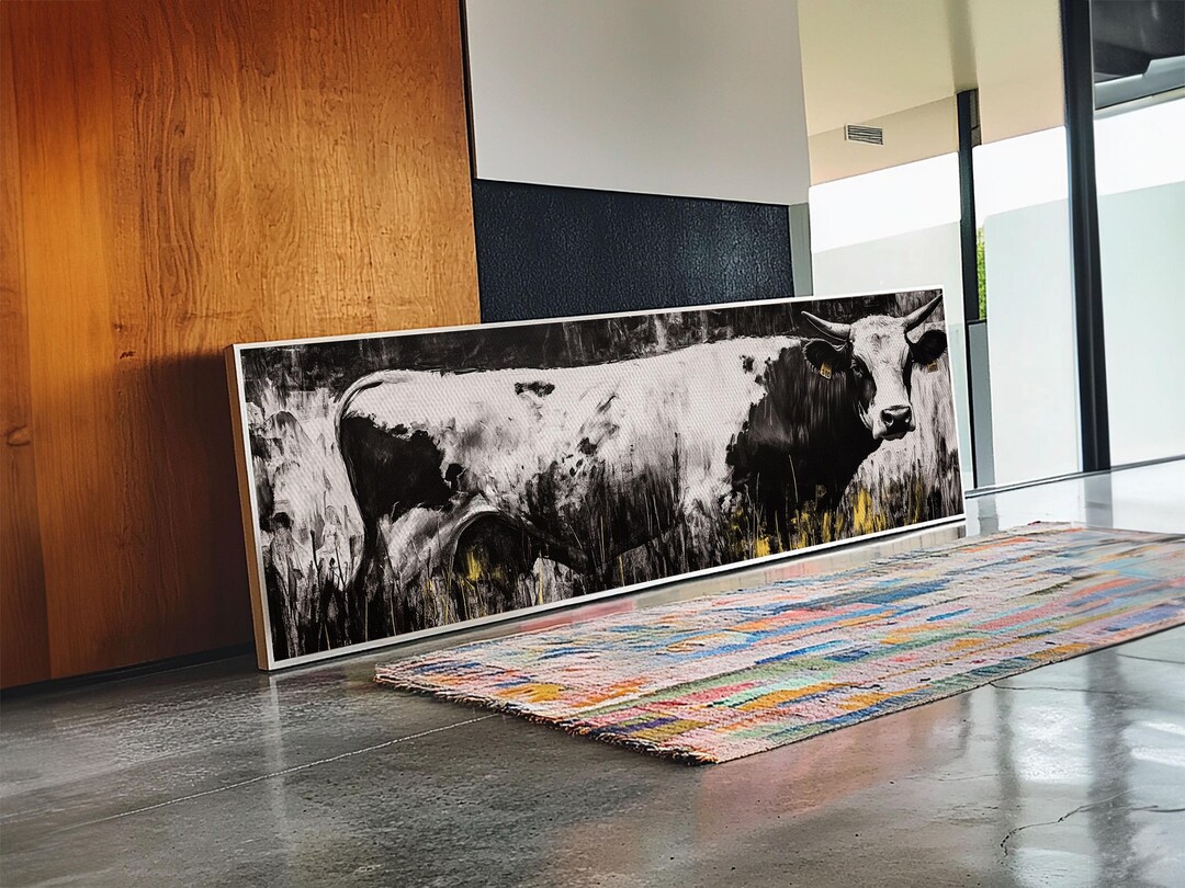 Black and White Cow, Farmhouse Art, Rustic Wall Art, Extra Wide Art ...