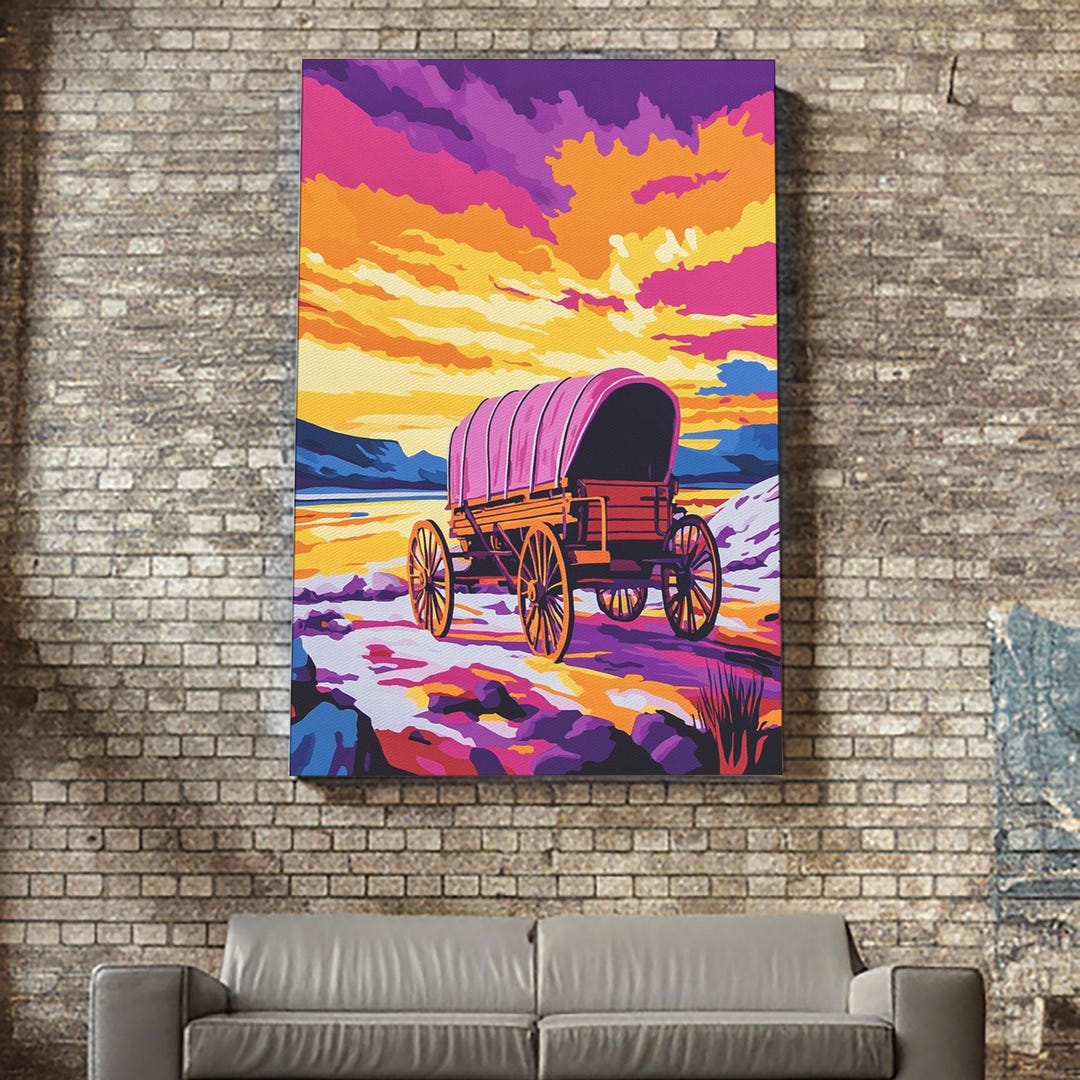 Colorful Wagon, Pink Orange Wall Art, Landscape Painting, Southwest ...