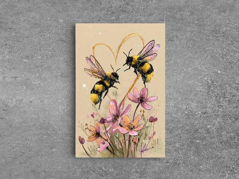 Bee Heart Floral Illustration, Framed Canvas Print, Valentines Day ...