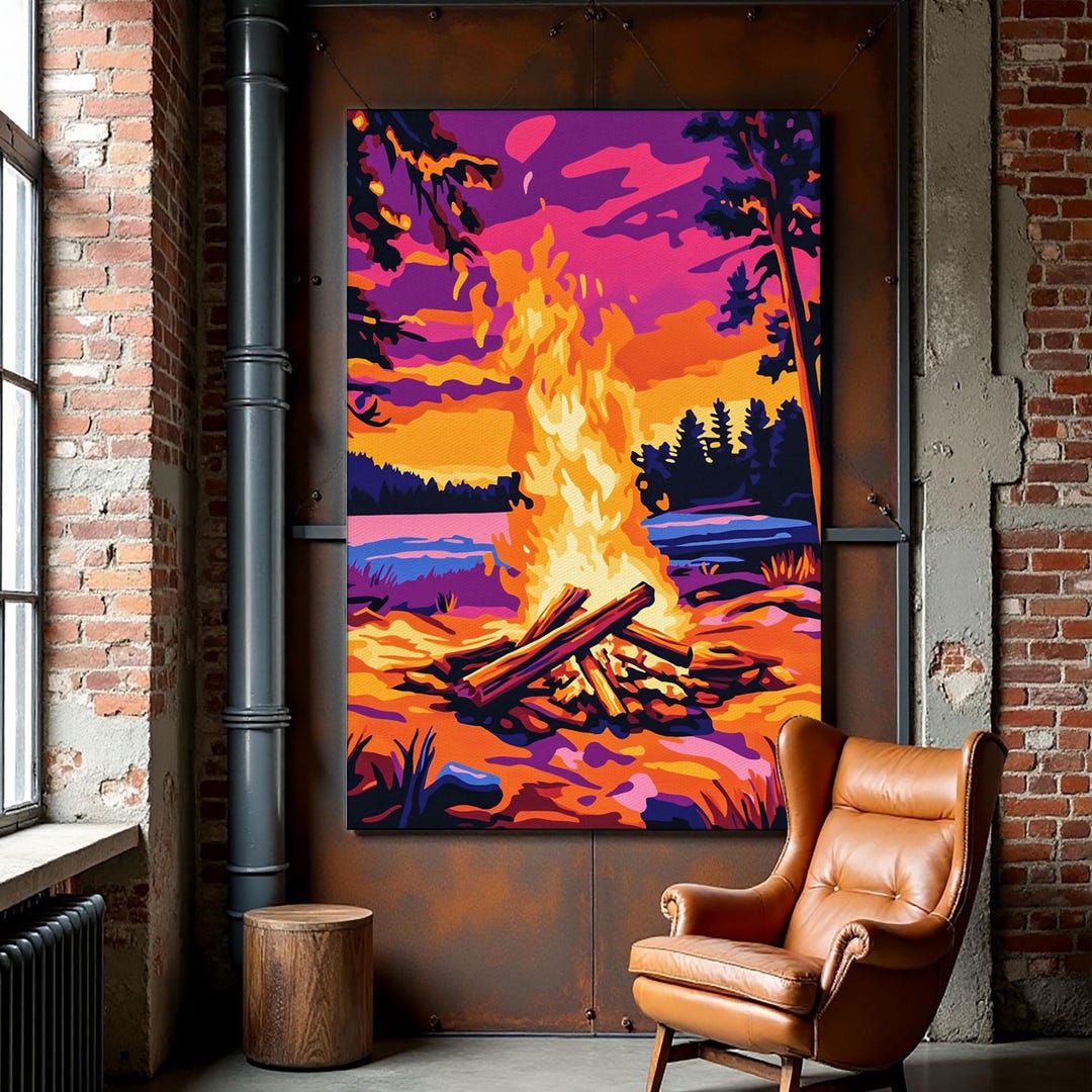 Campfire Scene, Autumn Wall Art, Rustic Decor, Canvas Print, Landscape ...