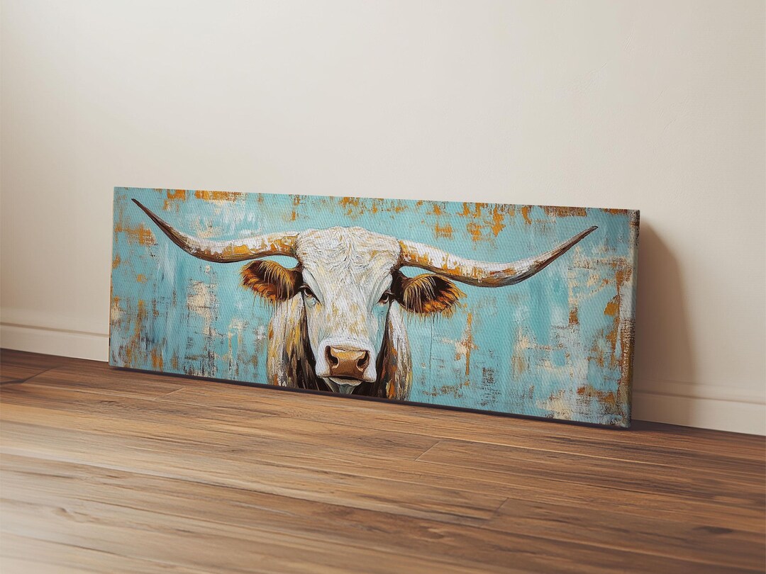 Texas Longhorn Portrait, Rustic Farmhouse Art, Boho Wall Art, Wabi Sabi ...