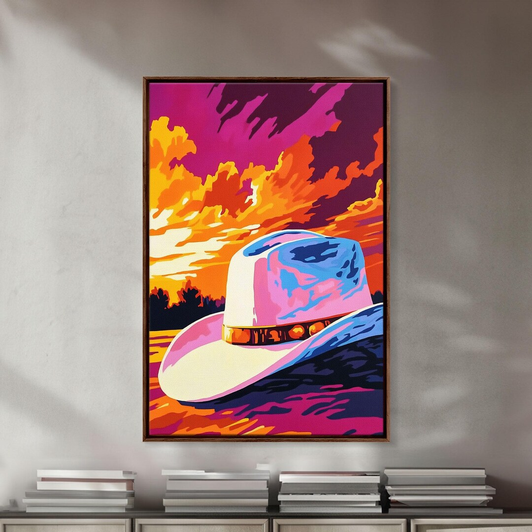 Cowboy Hat, Sunset Art, Rustic Wall Art, Pink Orange Wall Art, Canvas ...
