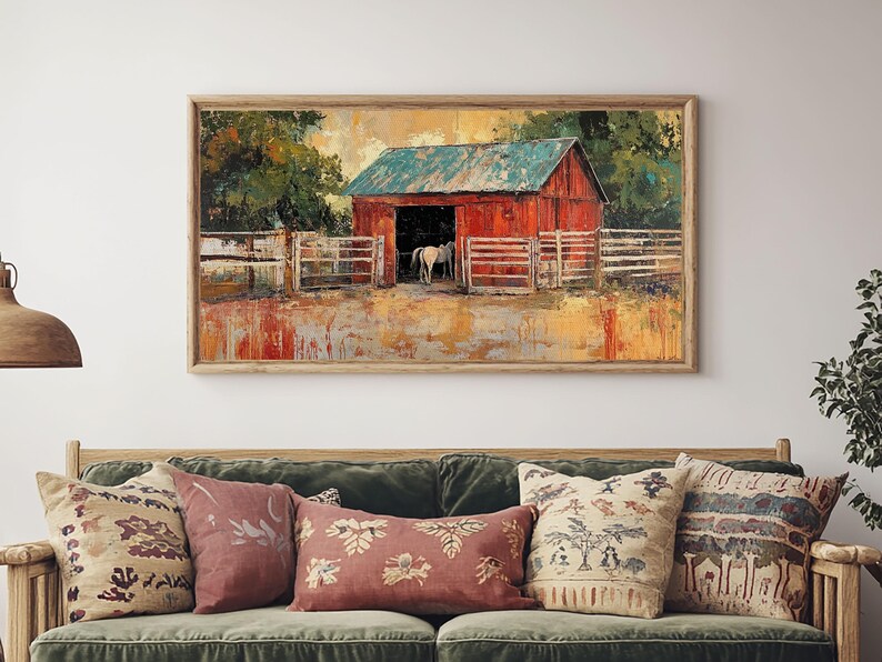 Rustic Barn Scene, Barn Landscape Oil Painting, Western Wall Art ...