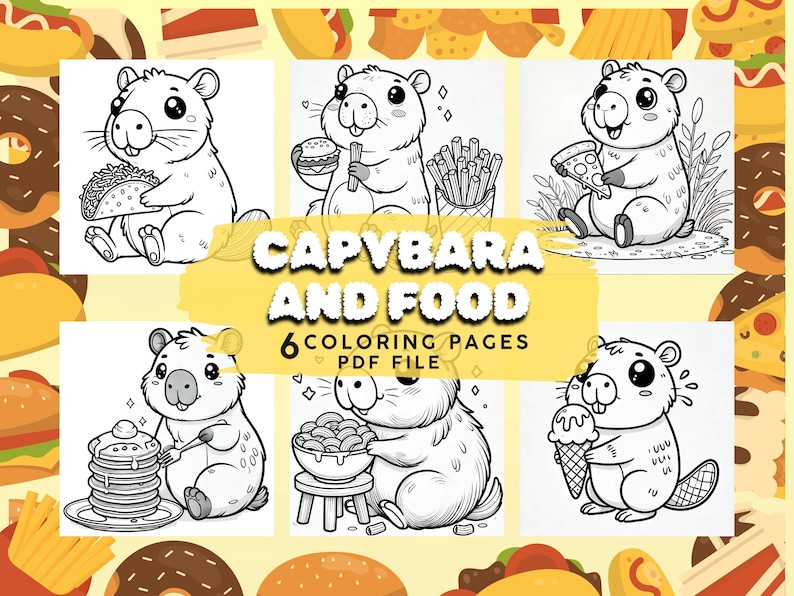 Capybara and Food Coloring Pages| Cute Animal |printable Digital ...