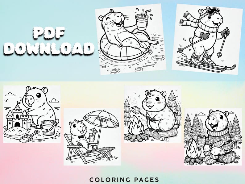 Capybara on Vacation Coloring Pages| Cute Animal |printable Digital ...