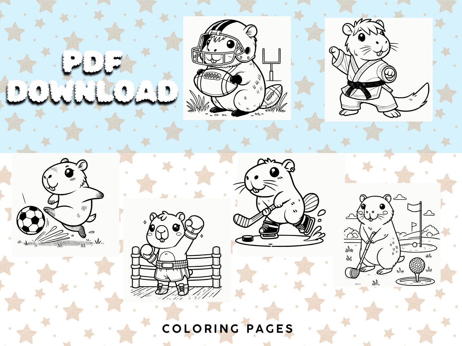 Capybara Star of Sports: Coloring Book, Cute Animals, Printable Pages ...