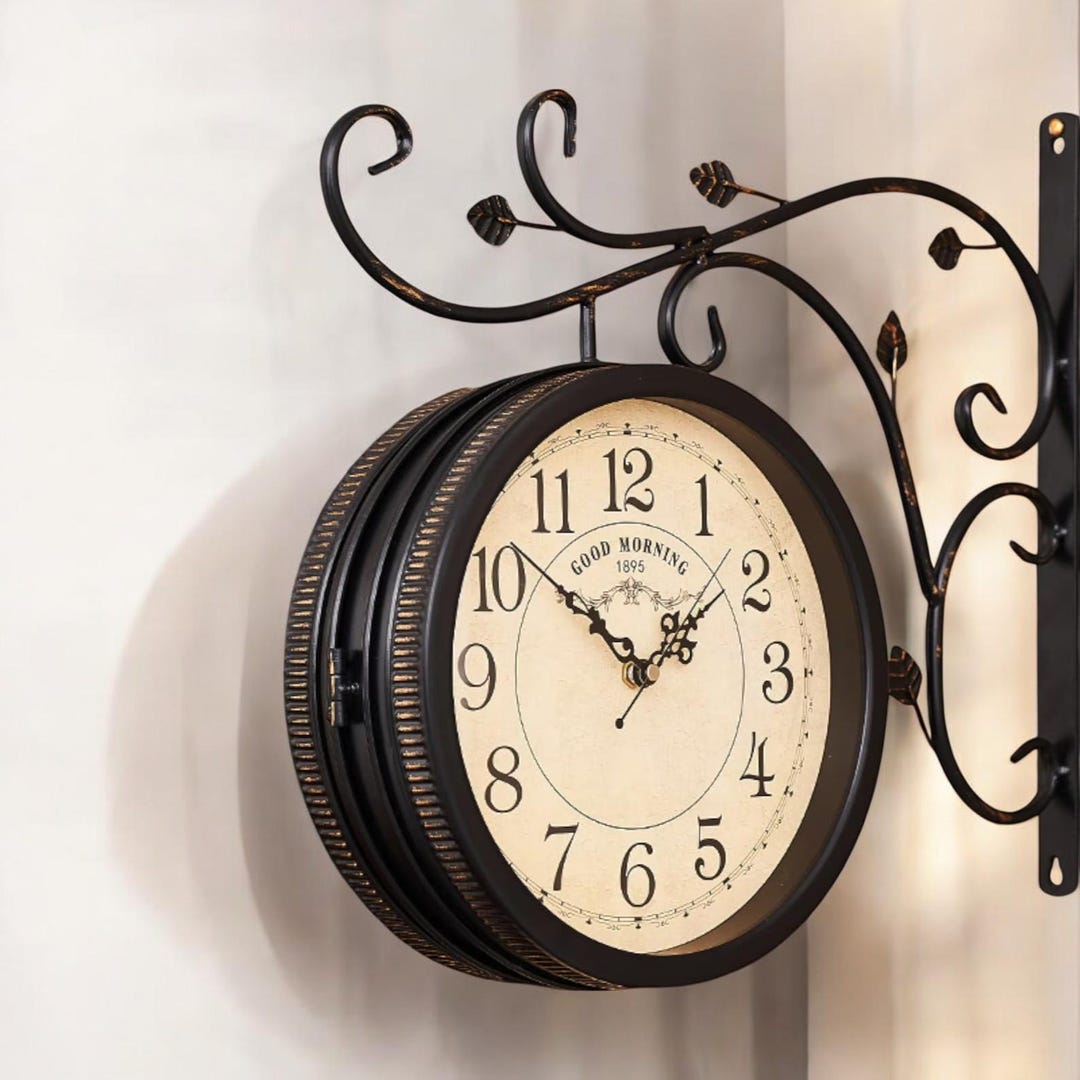 Double-sided 360 Rotating Wall Clock Antique Wrought Iron Retro Gold ...