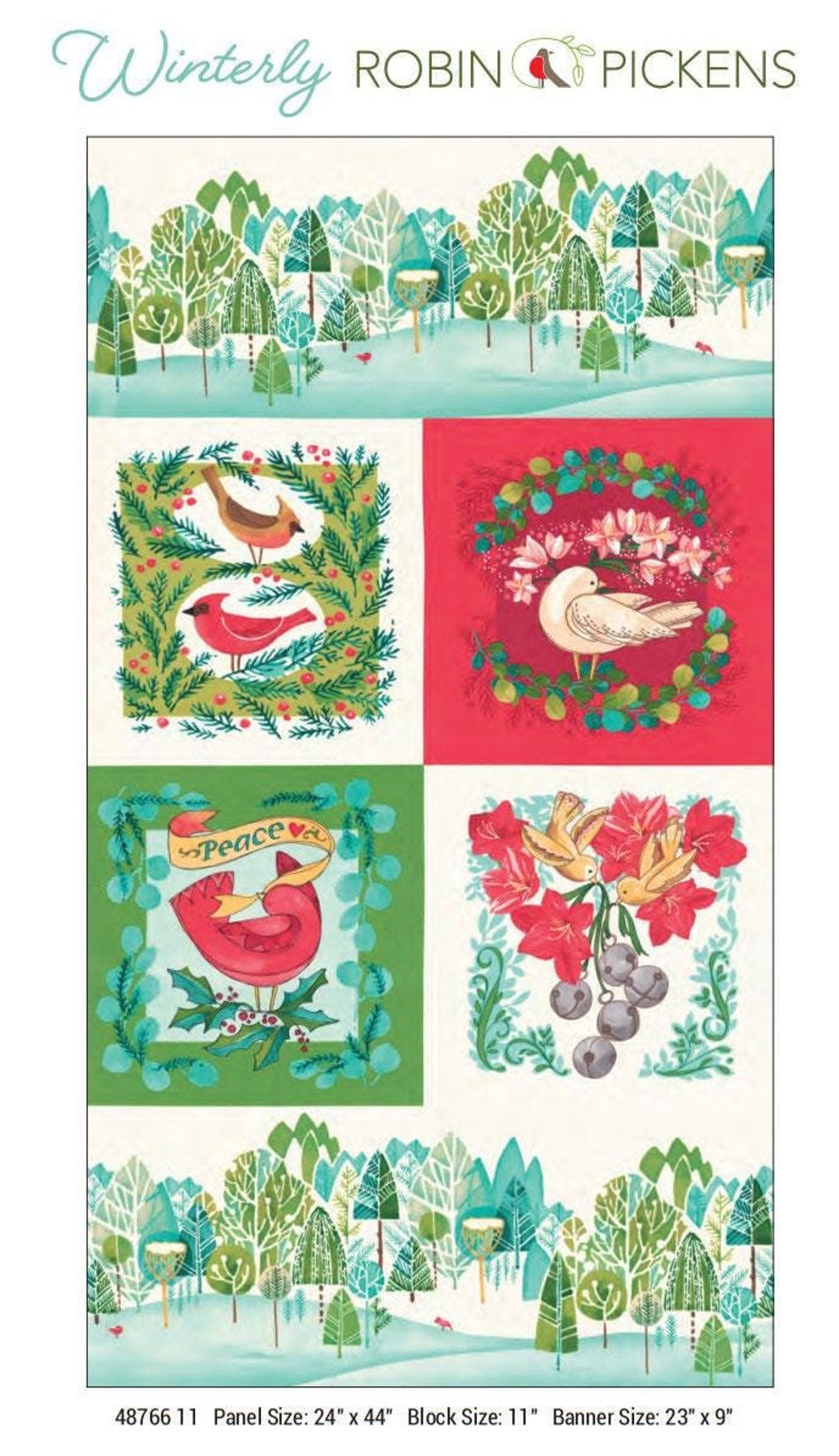 WINTERLY PANEL Moda Fabric Quilting Sewing Poinsettias Art Deco ...
