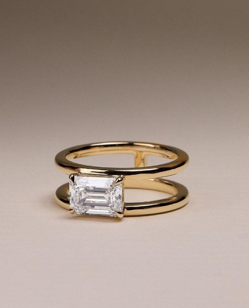 Emerald Cut Moissanite Double Band Ring: Solid Gold Anniversary Ring - Etsy