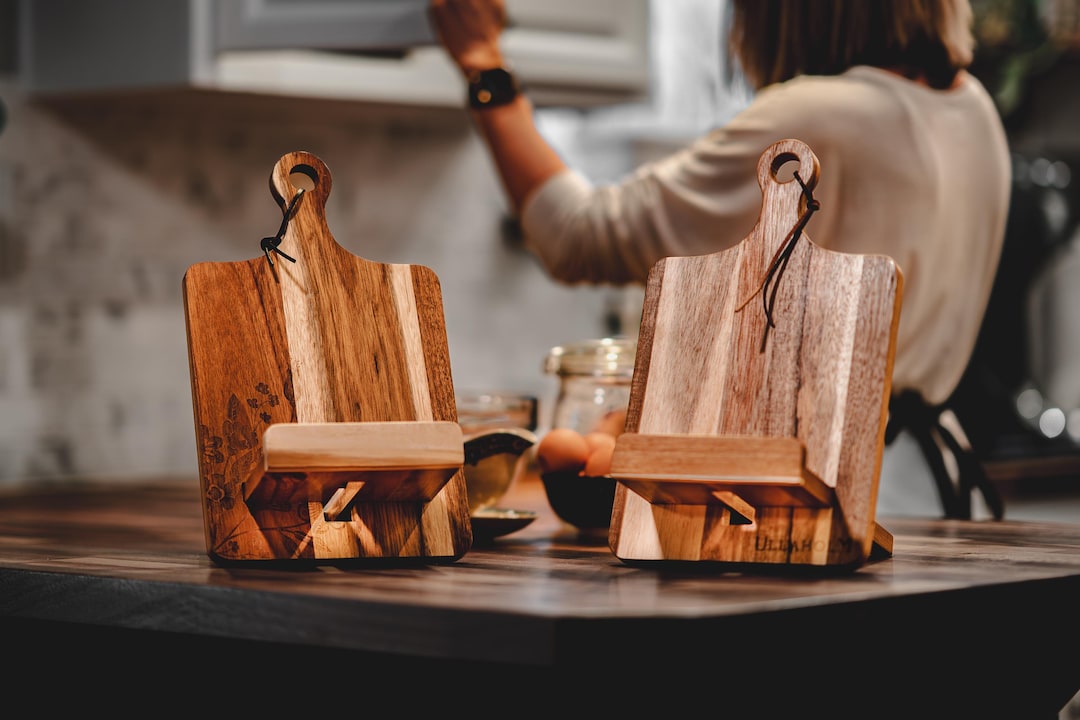 Acacia Wood Cookbook Stand, Scandinavian Recipe Book Holder, Etched ...