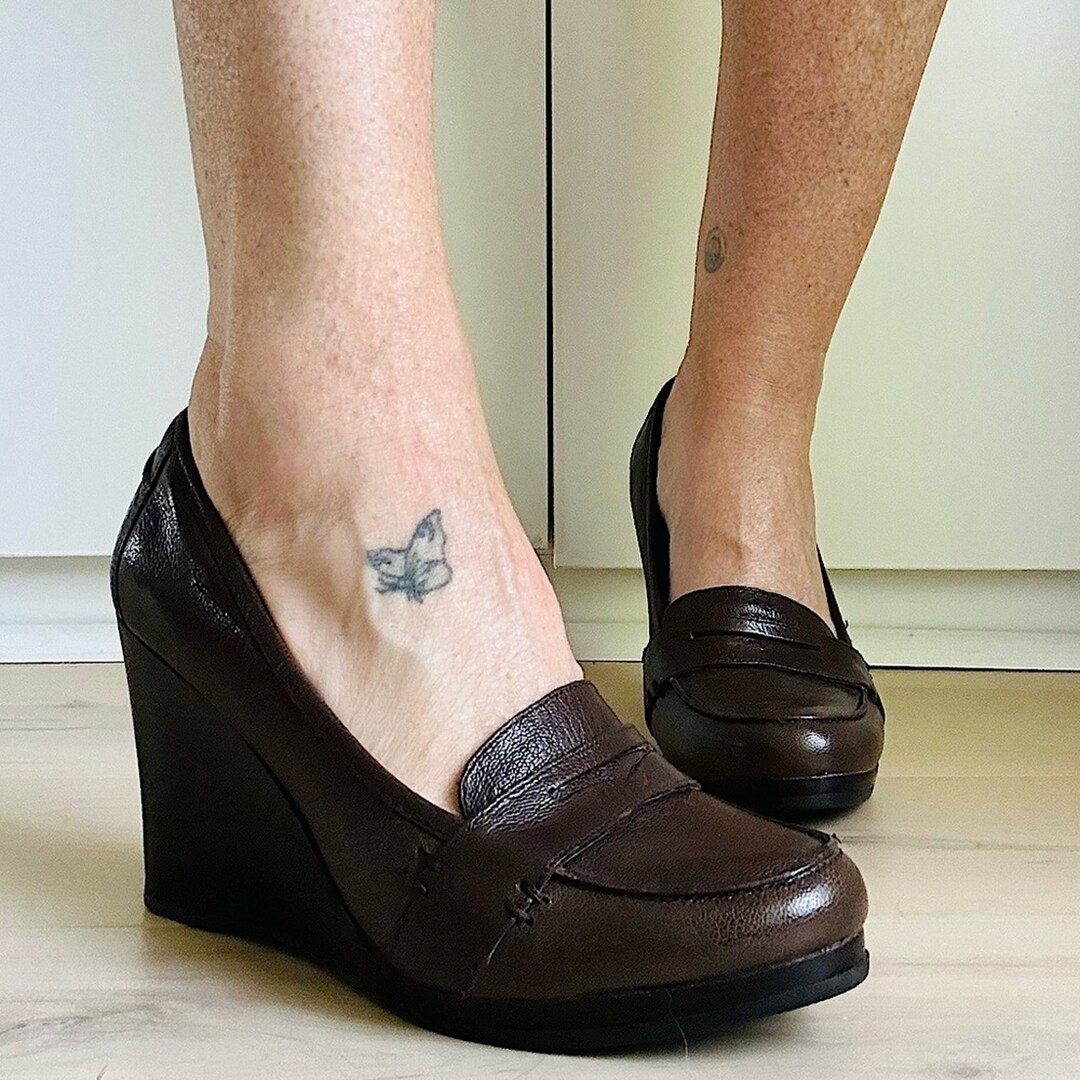 Y2K Platform Brown Leather Loafer Wedges Size 8 Minimalist Preppy Retro ...