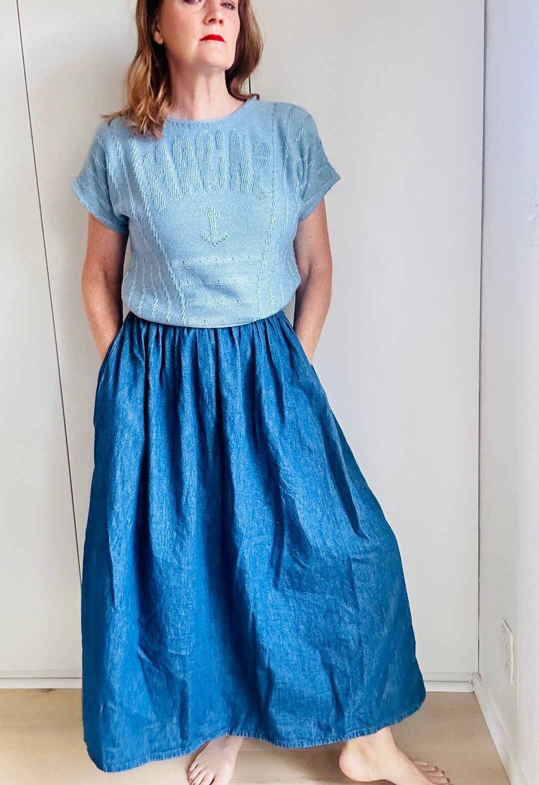 80s Calvin Klein Sport Full Denim Skirt Pockets Midi Length Small/6 USA ...