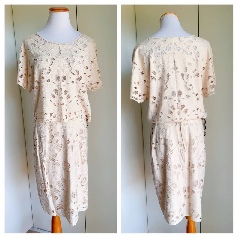 Vintage Surya Eyelet Crochet Look Cream Skirt Set India Made Minimalist ...