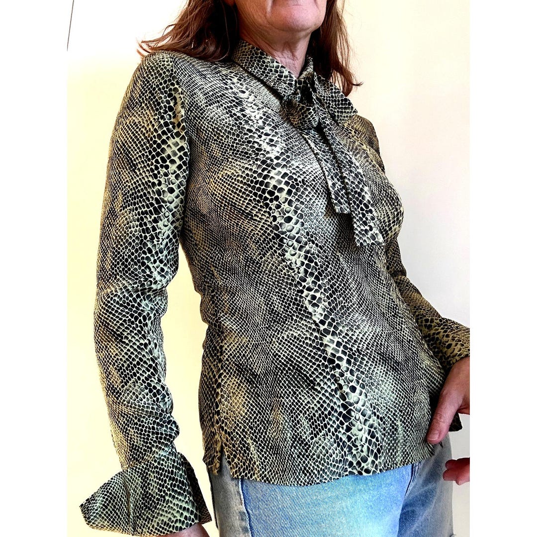 Y2K the Limited Silk Blouse Python Print Neck Tie Neutrals Career ...