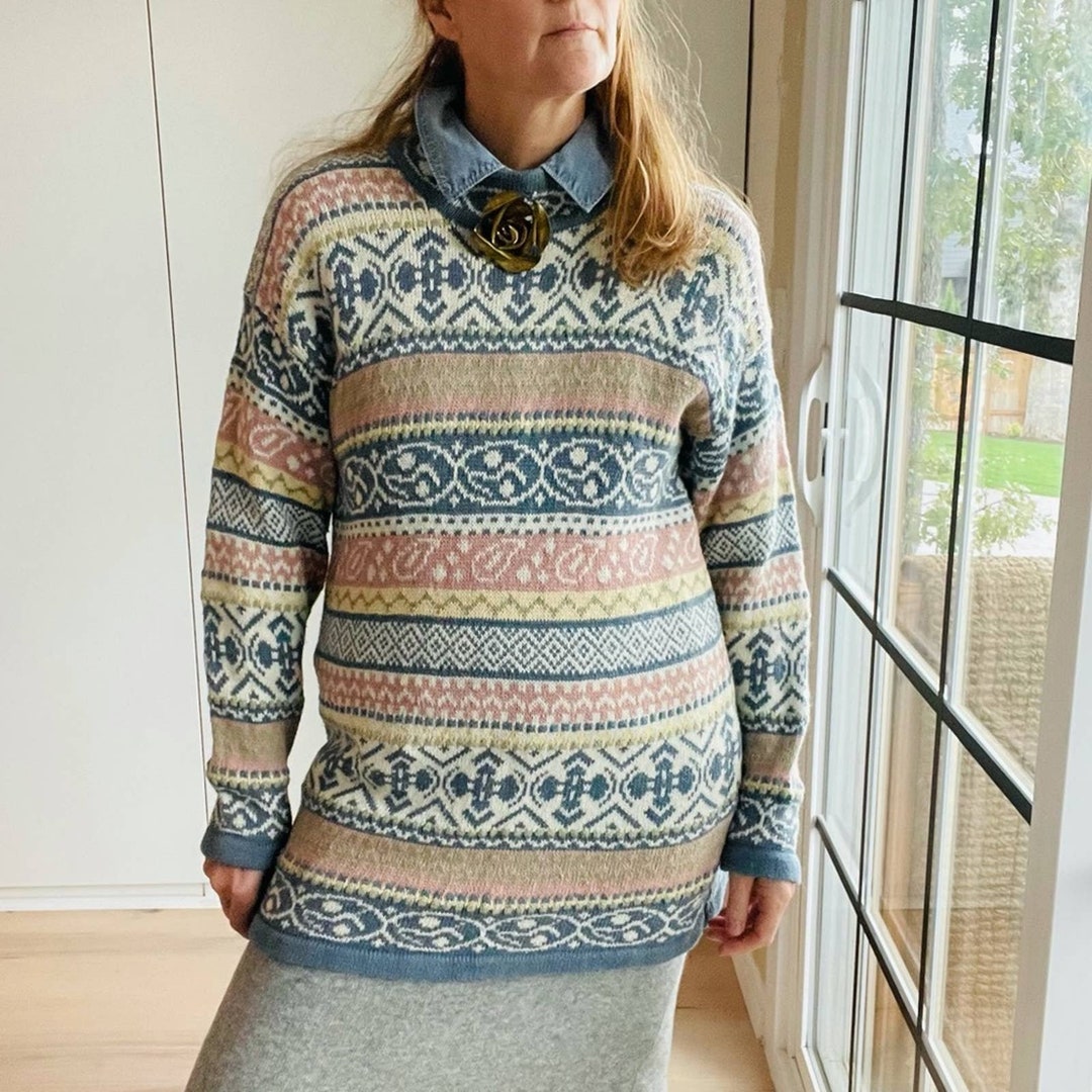 Womens Vintage Sweater, 80s Style, Pastel Printed Mock Neck, Oversized ...