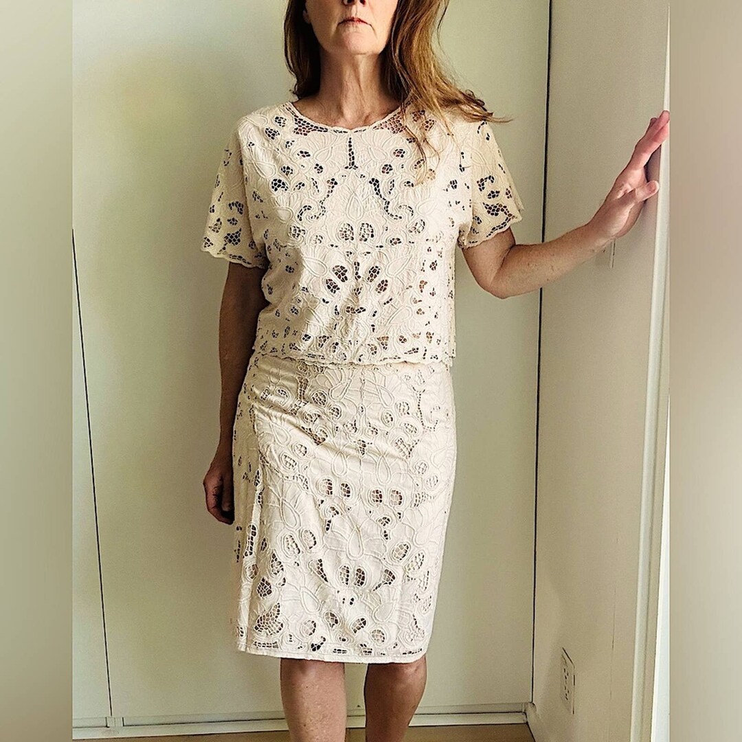 Vintage Surya Eyelet Crochet Look Cream Skirt Set India Made Minimalist ...