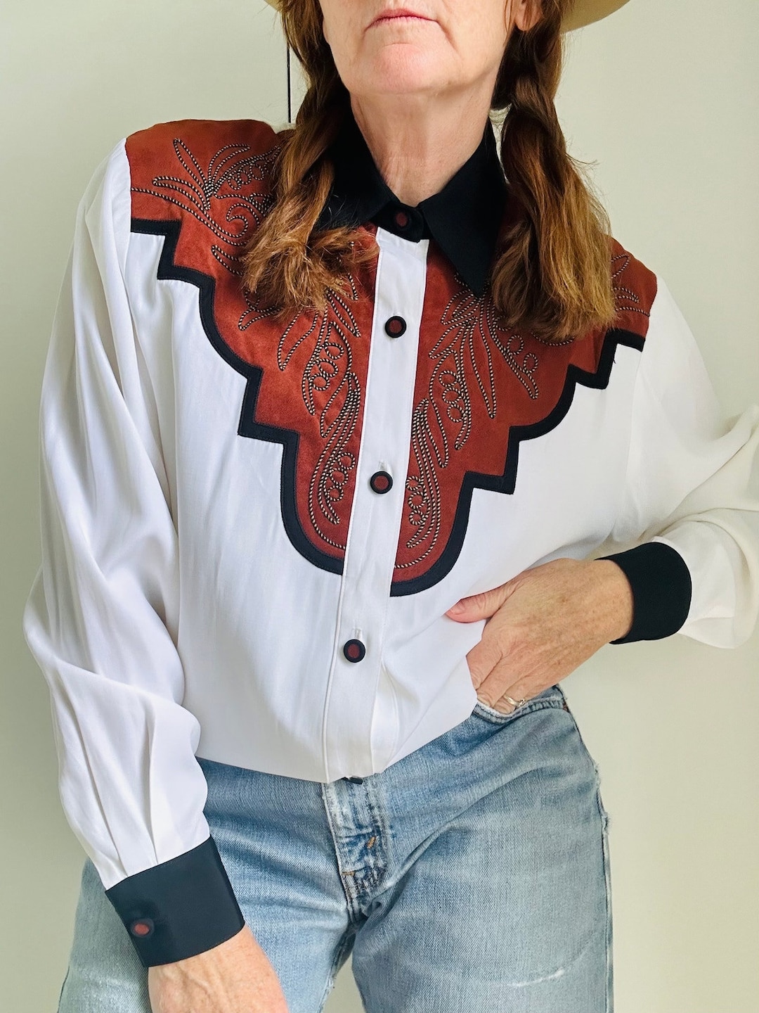 Vintage 90s Western Shirt Embellished Size Medium Cowgirl Cowboy Carter ...