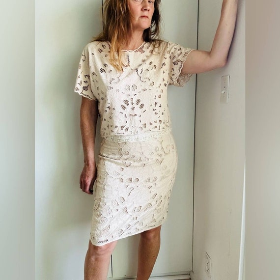 Vintage Surya Eyelet Crochet Look Cream Skirt Set Ind… Gem