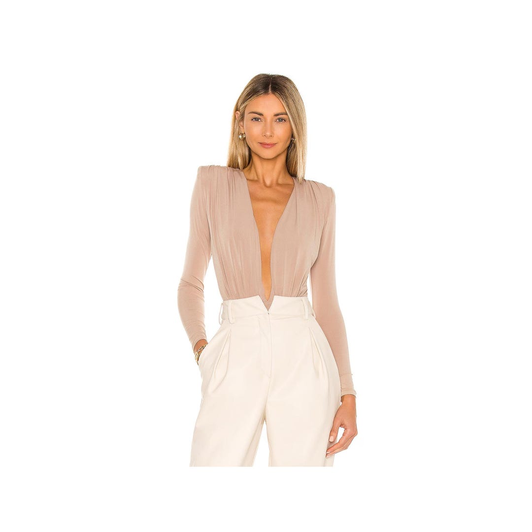 Deep V-neck Long Sleeve Bodysuit With Padded Shoulders, Double Layer ...