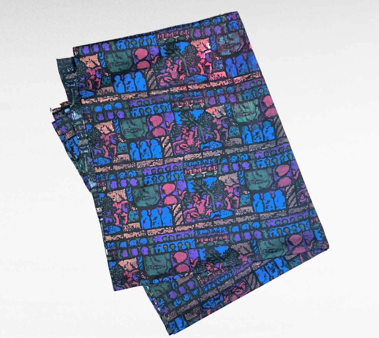 1960s Silk Block Print Fabric Deep Jewel Tones Thai Abstract Tribal ...