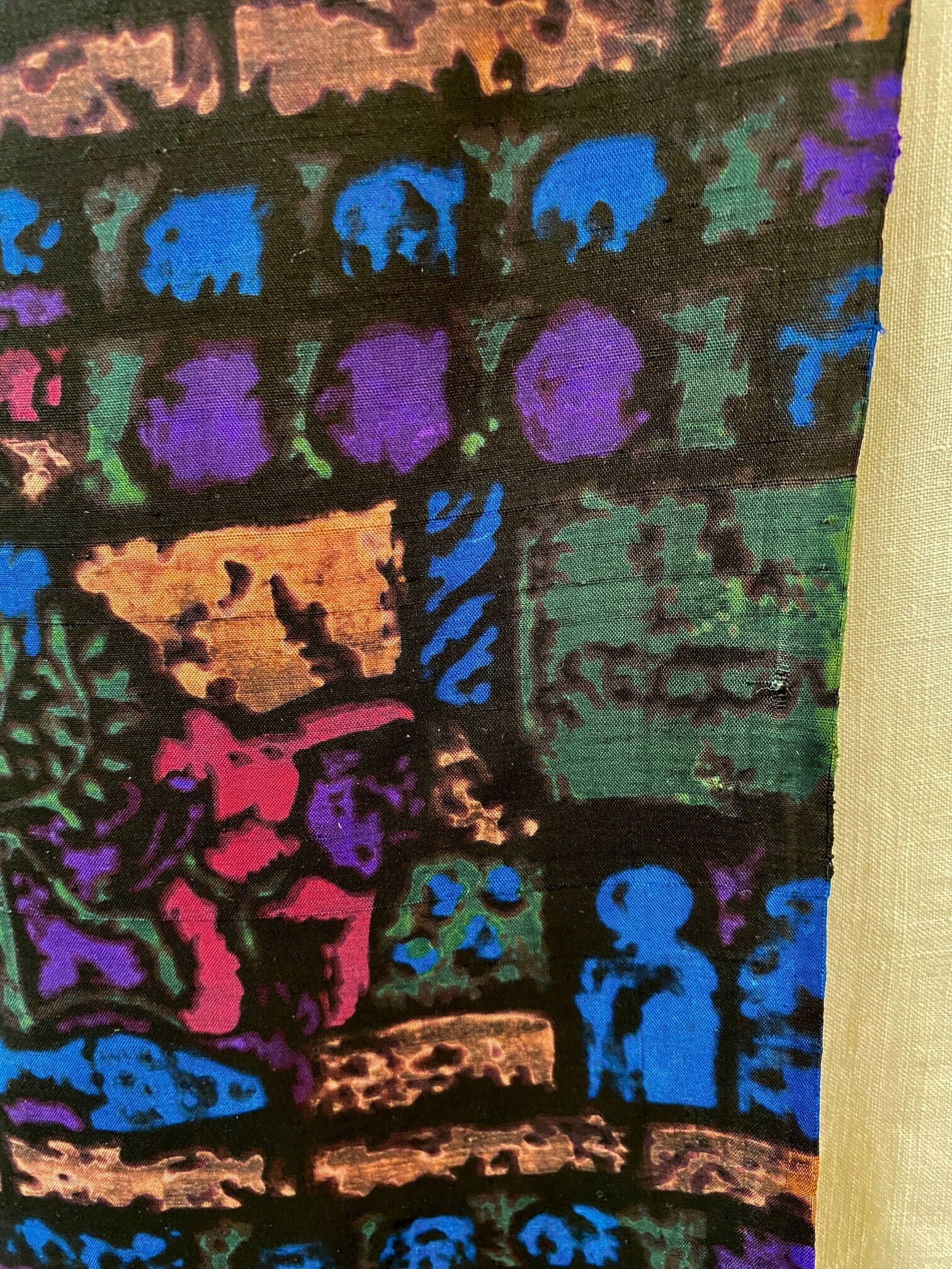 1960s Silk Block Print Fabric Deep Jewel Tones Thai Abstract Tribal ...