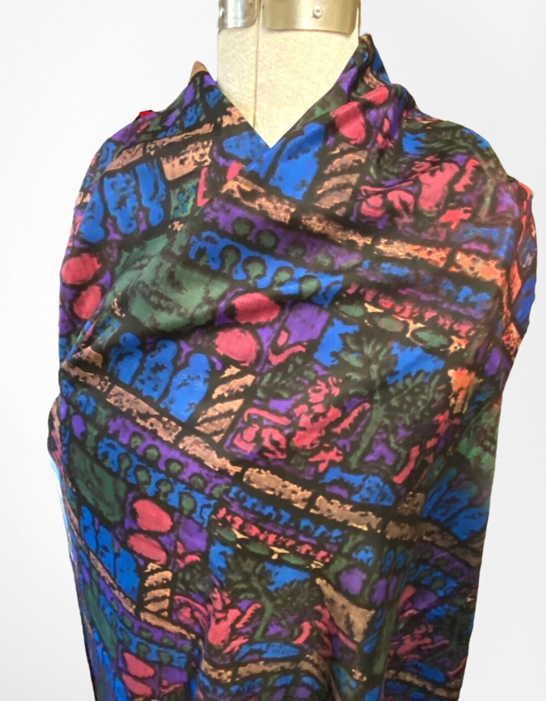 1960s Silk Block Print Fabric Deep Jewel Tones Thai Abstract Tribal ...