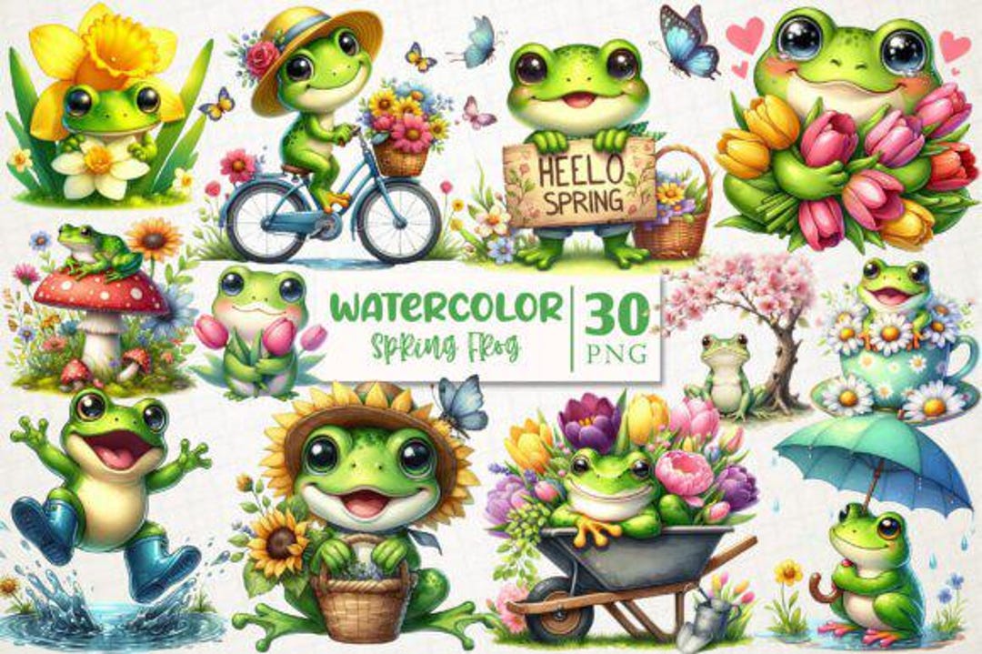 Spring Frog Sublimation Clipart | Cute PNG Bundle for T-shirts, Mugs ...