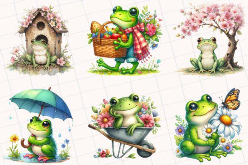 Spring Frog Sublimation Clipart | Cute PNG Bundle for T-shirts, Mugs ...