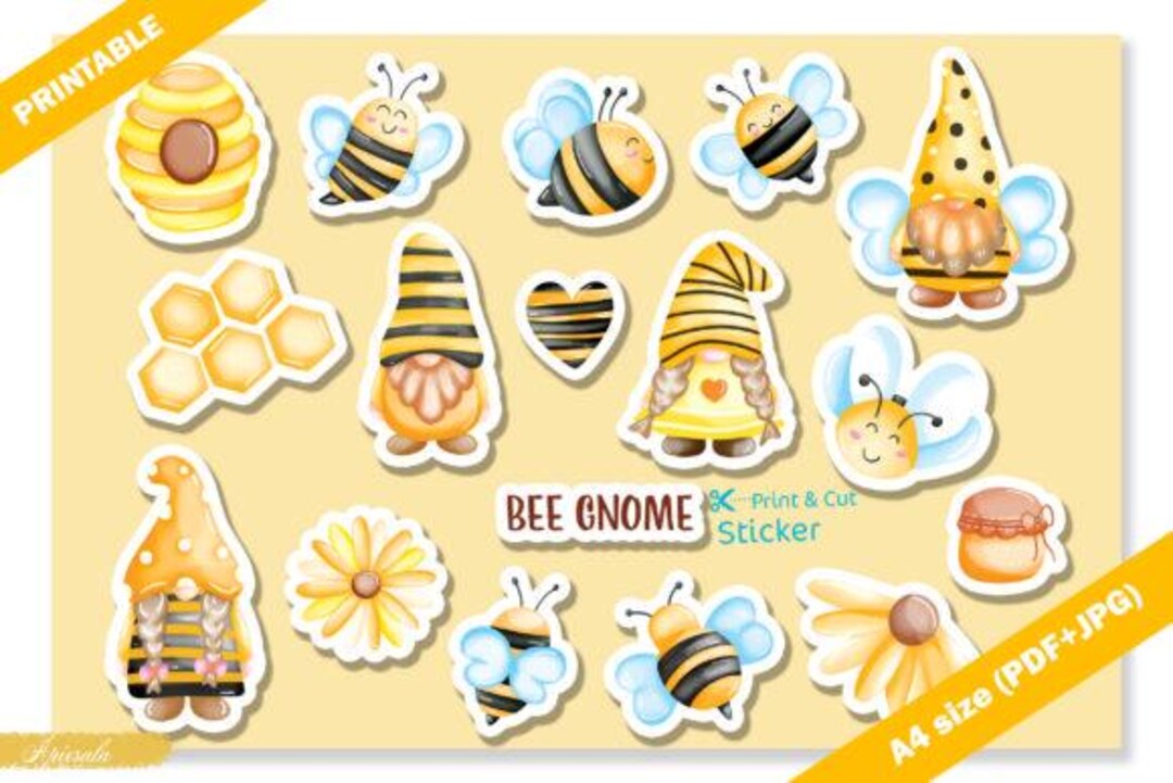 Cute Bee Gnome Printable Sticker | Spring Gnome Sticker | PDF JPG | Bee ...