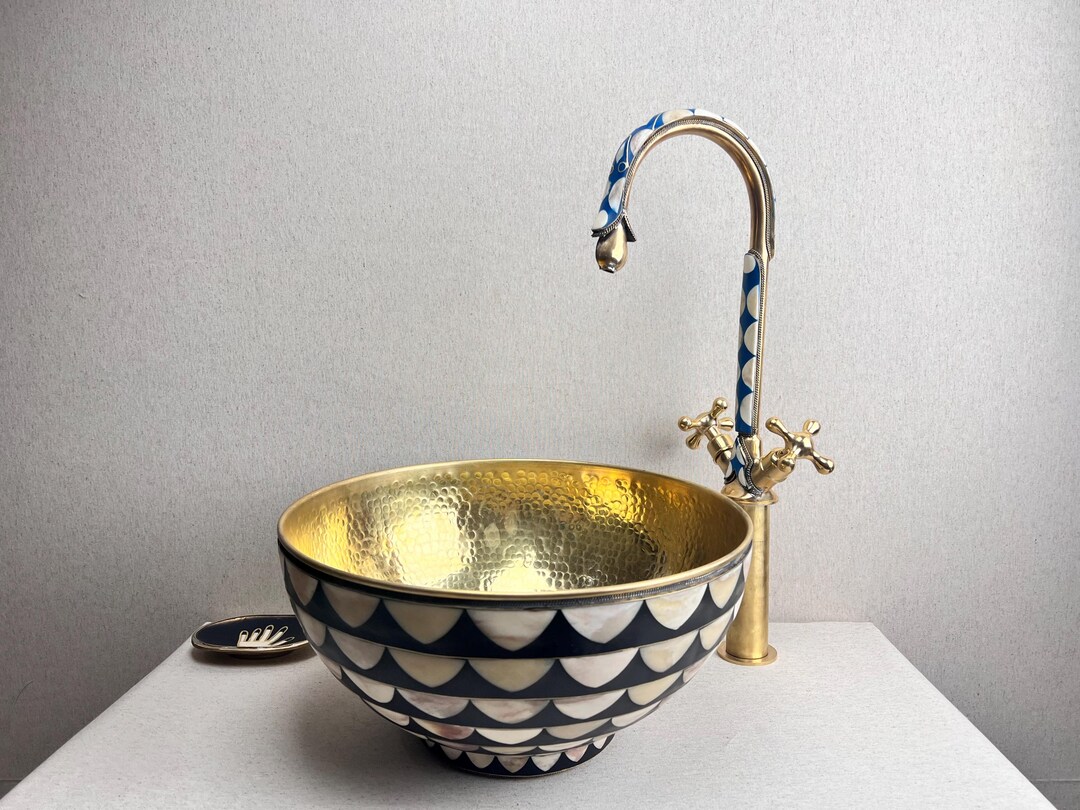 Luxury Brass Vessel Sink | Modern Black Resin & Bone Inlay ...