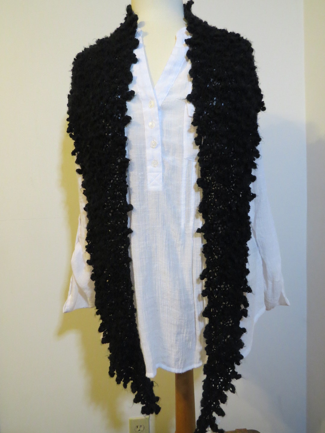 Long Handknit Black Shawl - Etsy