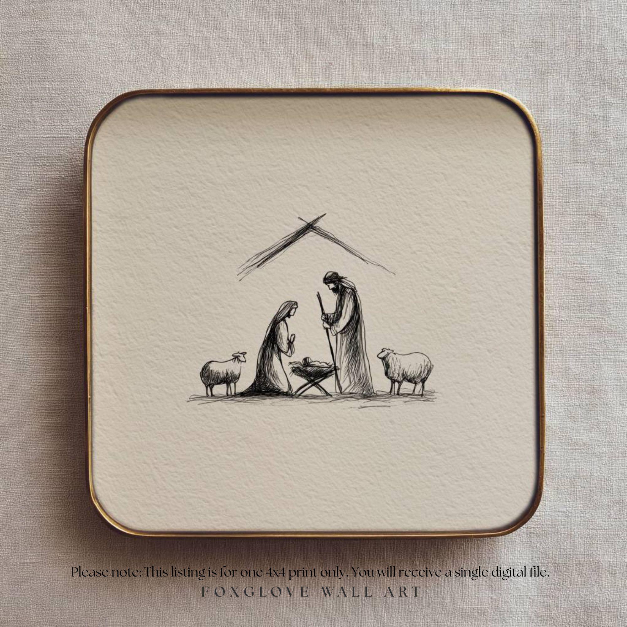 4x4 Nativity Sketch Print • Modern Christian Artwork • Minimal Manger ...