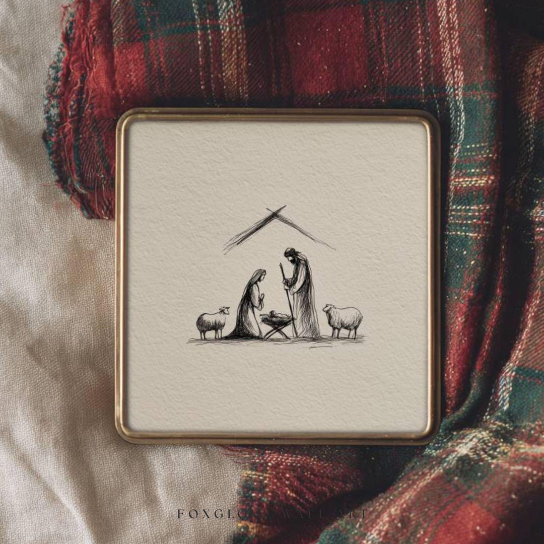 4x4 Nativity Sketch Print • Modern Christian Artwork • Minimal Manger ...