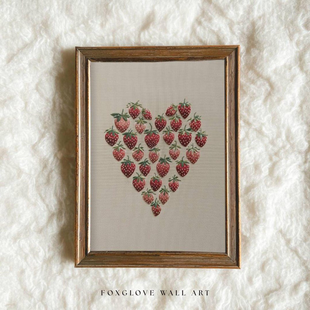 Strawberry Heart Valentine Print, Coquette Cottagecore Wall Art ...