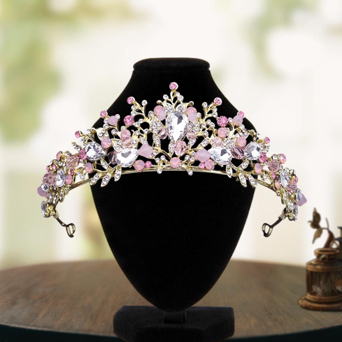 Pink Crystal Bridal Crown Set, Gold Elegant Queen Style Bridal Princess ...