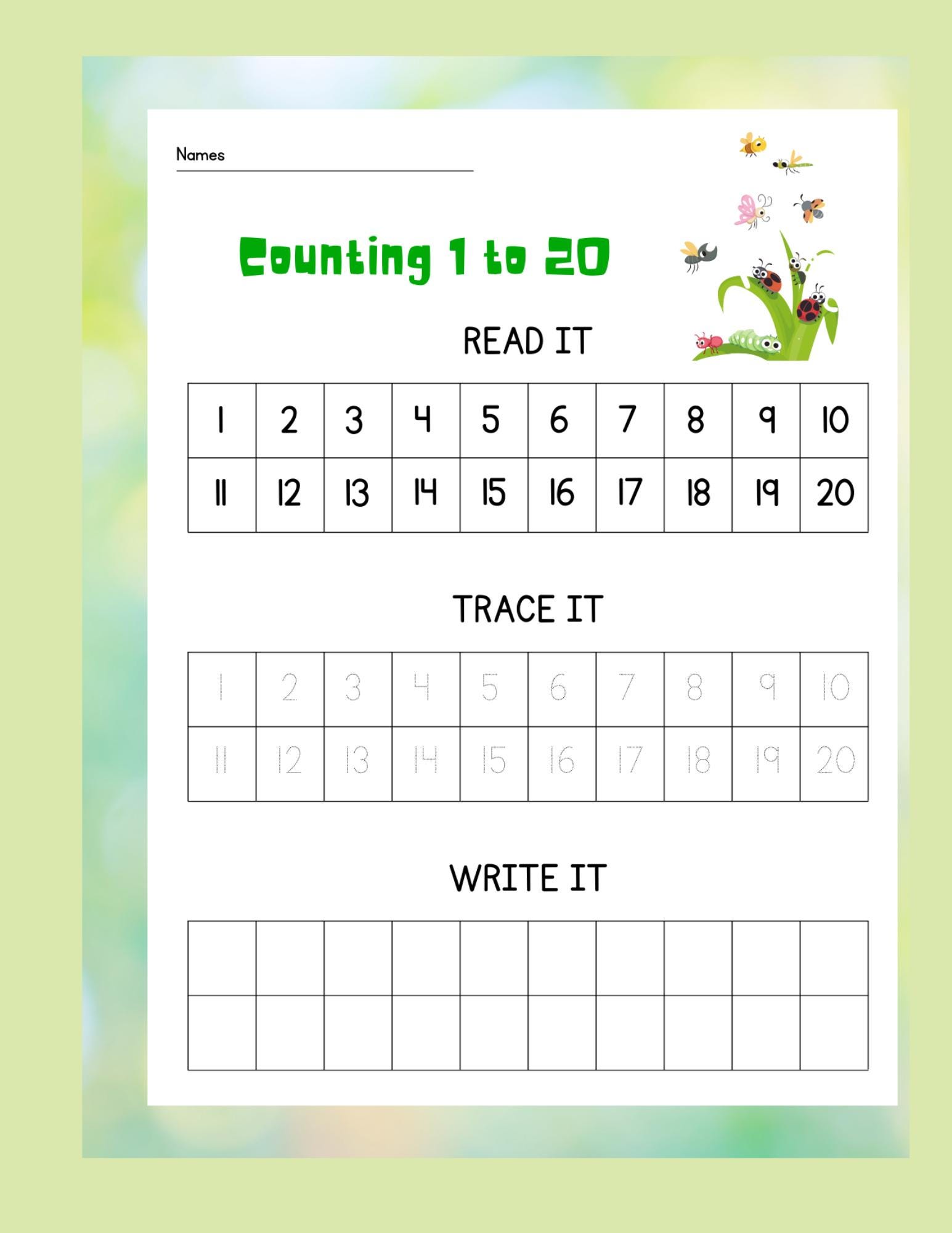 Numbers 1 to 20 Worksheets | Prek Counting Activities & Kindergarten ...
