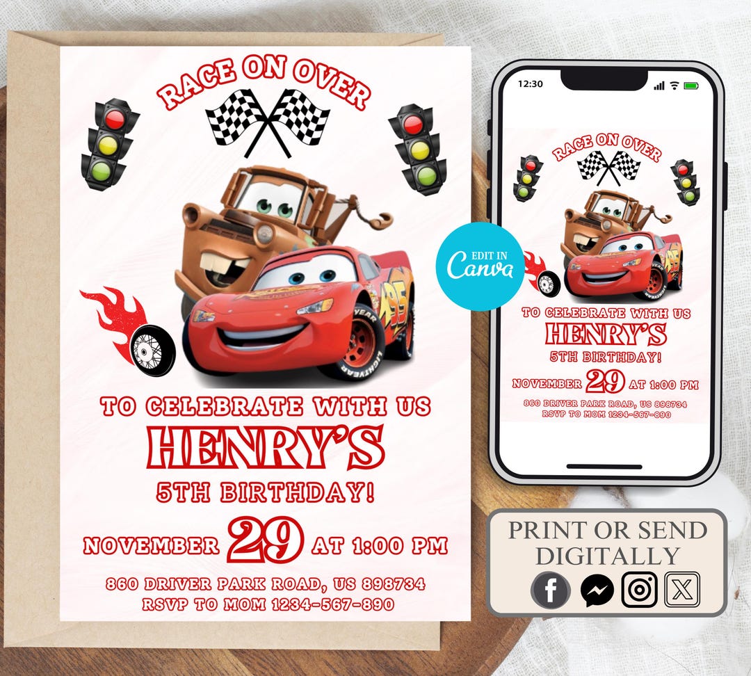Editable Cars Birthday Party Invitation Cars Lightning Birthday Invite ...