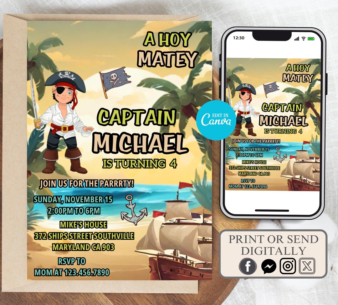 Editable Pirate Birthday Invite Template, Pirate Birthday Invite ...