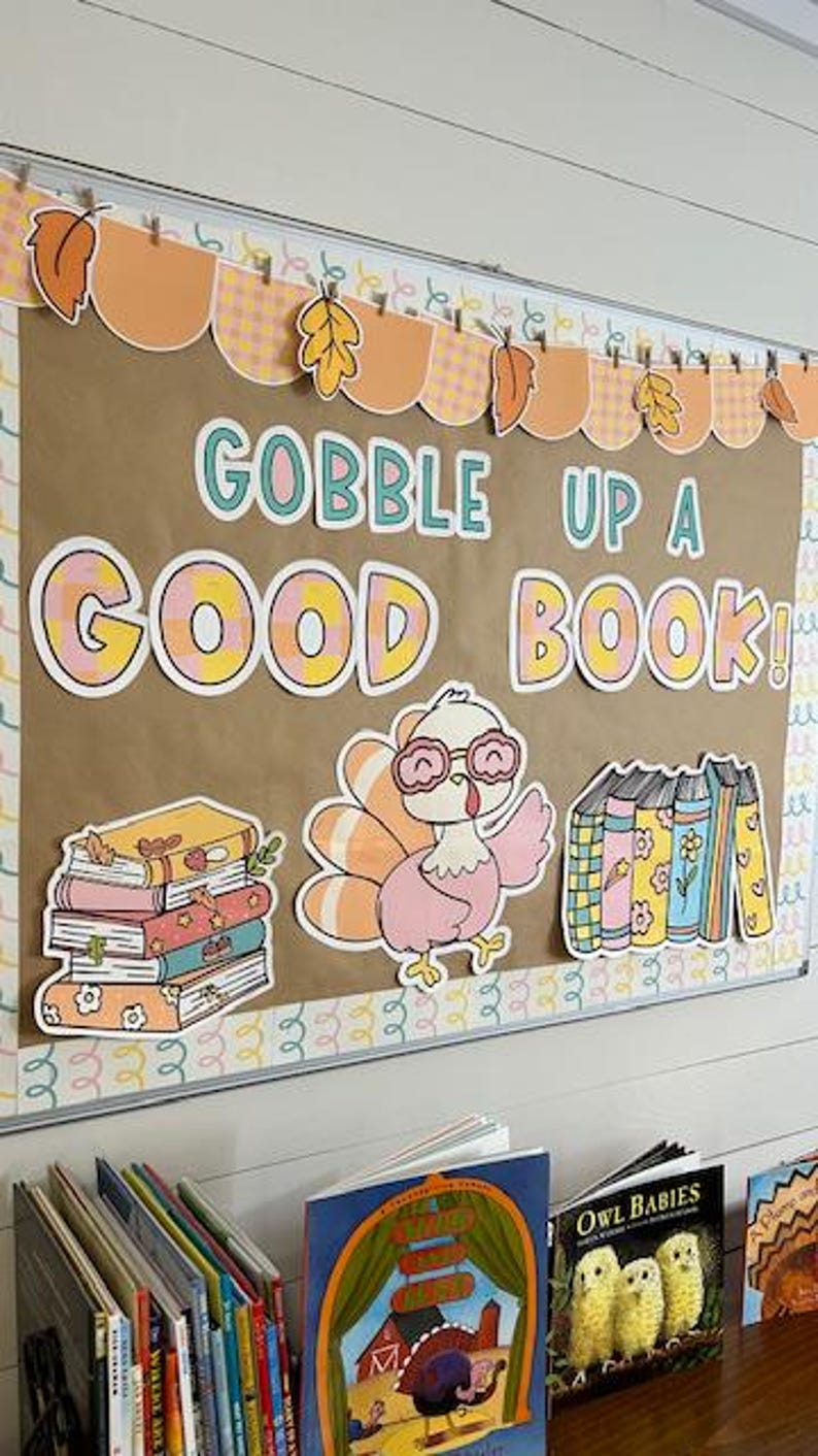 Thanksgiving Bulletin Board Kit | Gobble up a Good Book Library Decor ...