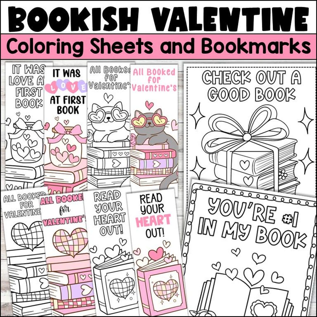 Valentine Library Bookmarks & Coloring Sheets | Color and Black and ...